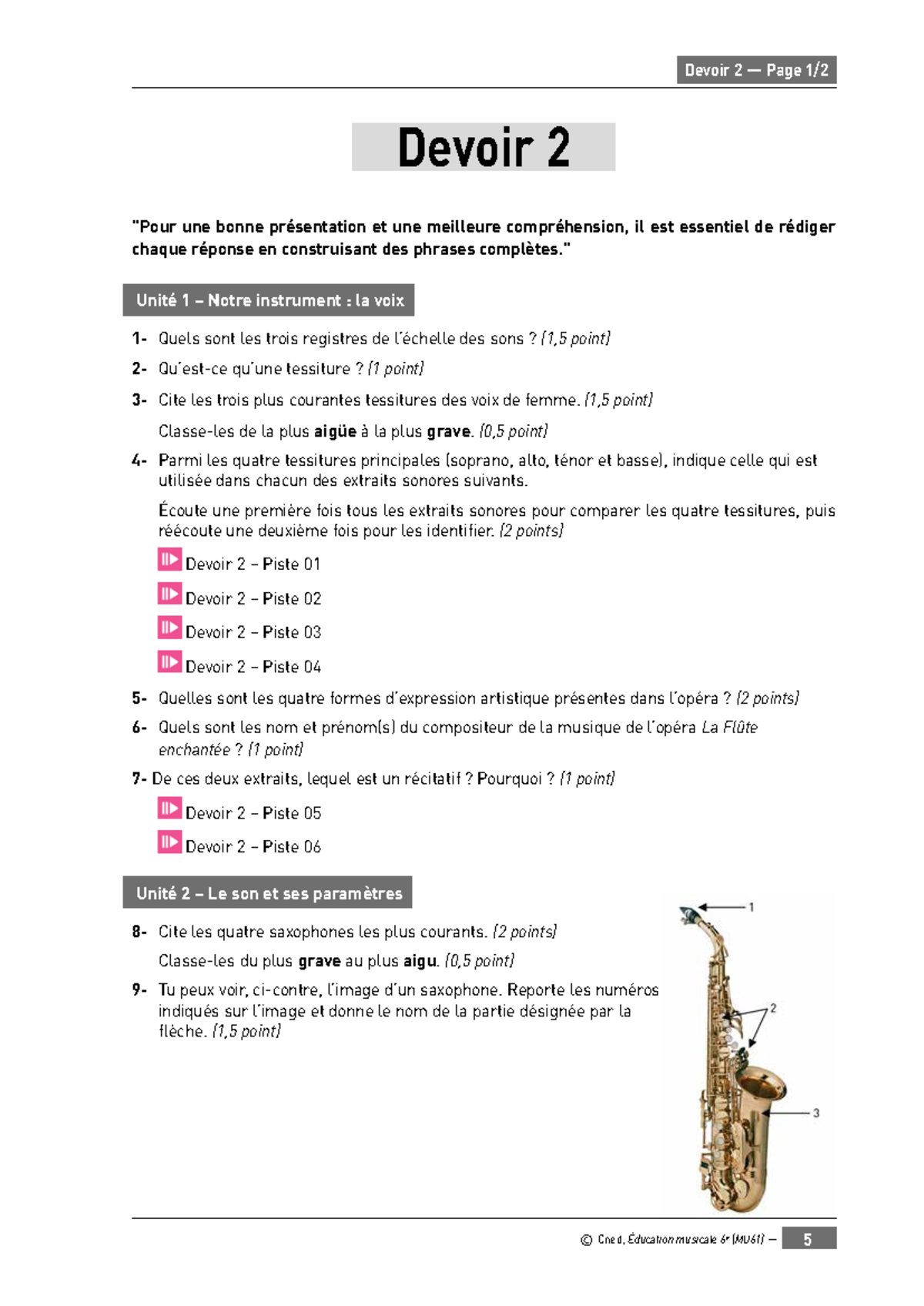 4MU61DVWB0023D02 Devoir Education Musicale-U02 - Devoir 2 — Page 1/ Devoir 2 © Cned, Éducation ...