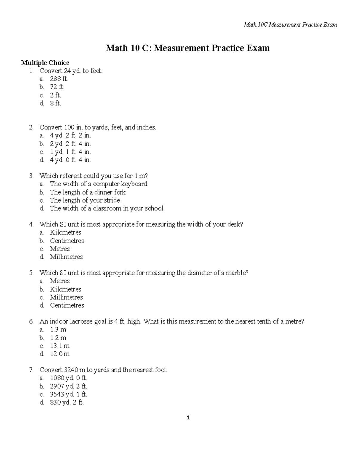 Measurement practice exam - Math 10 C: Measurement Practice Exam ...