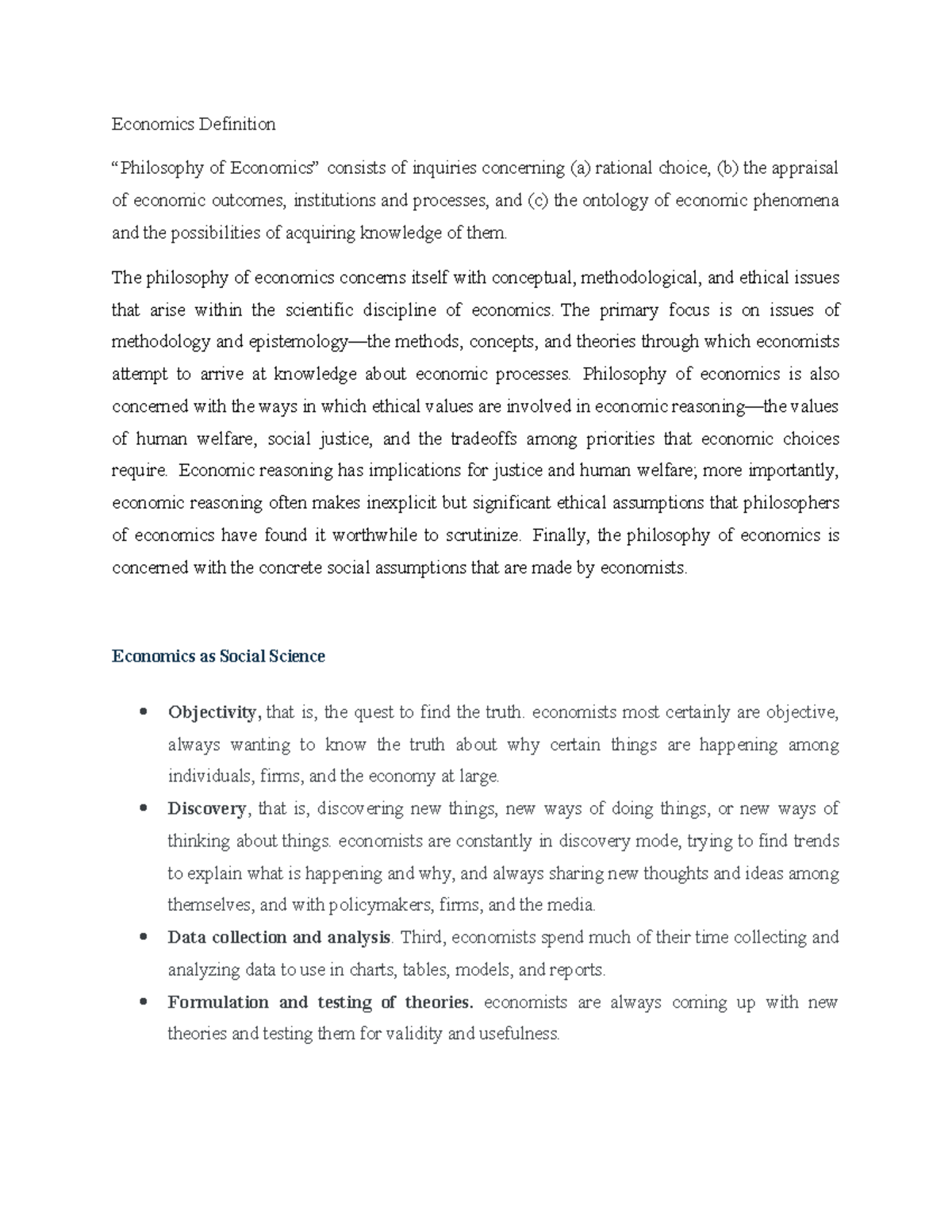 PHIL - PHIL - Economics Definition “Philosophy of Economics” consists ...