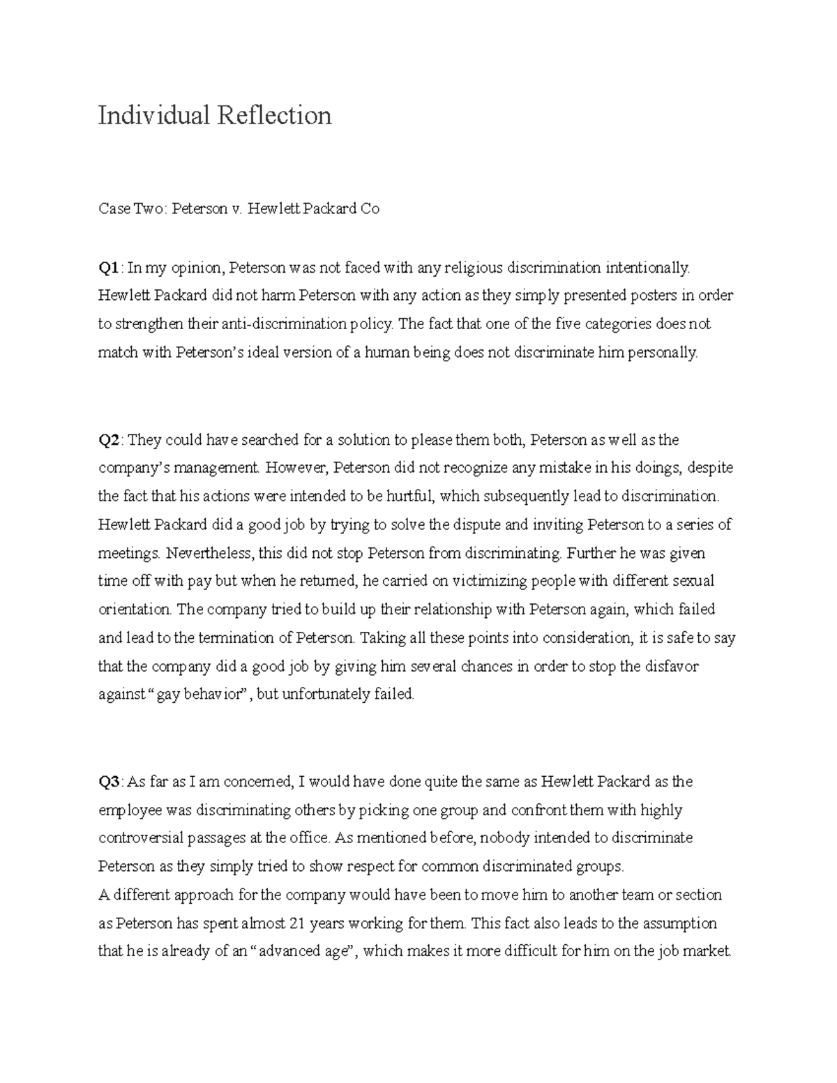 Individual Reflection - Individual Reflection Case Two: Peterson v ...