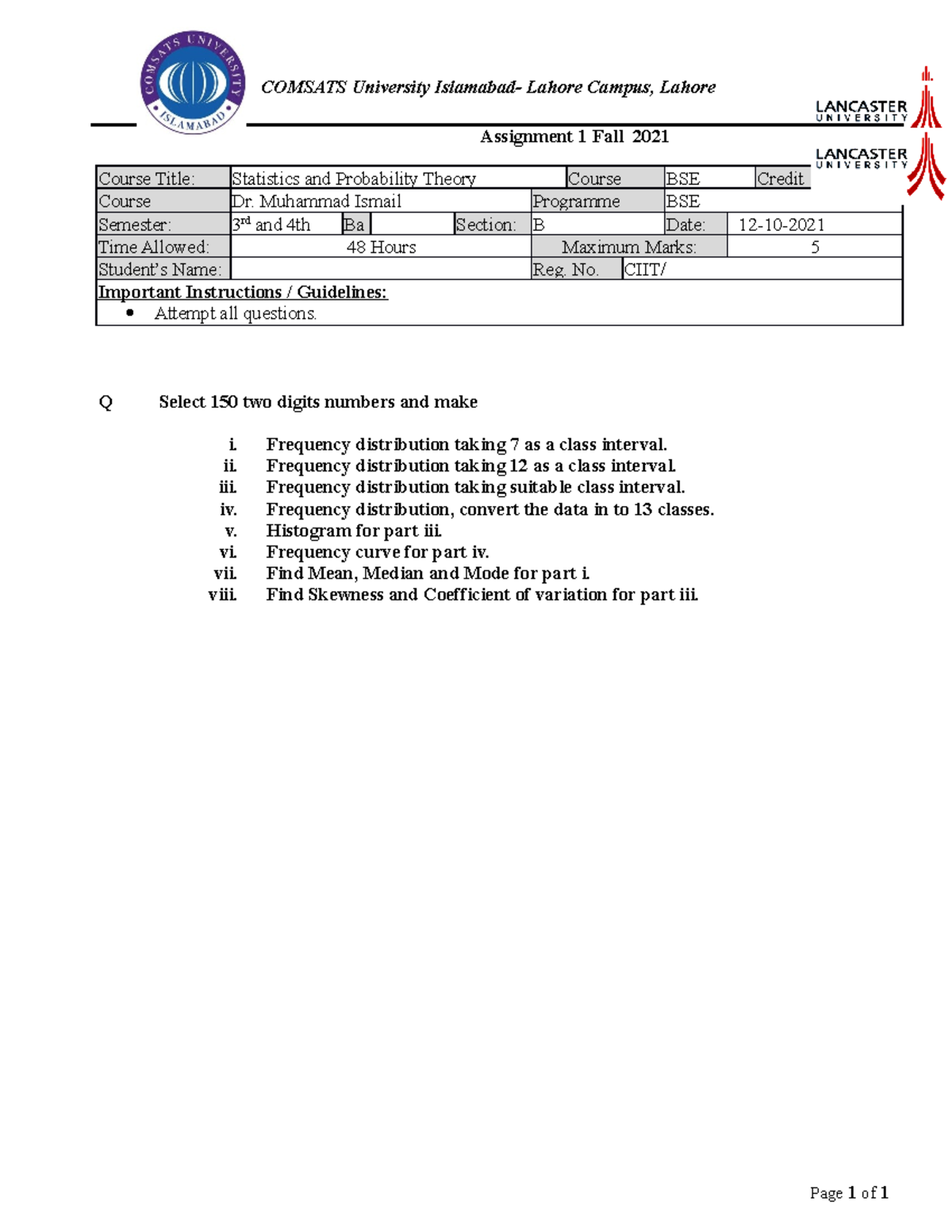Assignment 1 stats class interval - COMSATS University Islamabad ...