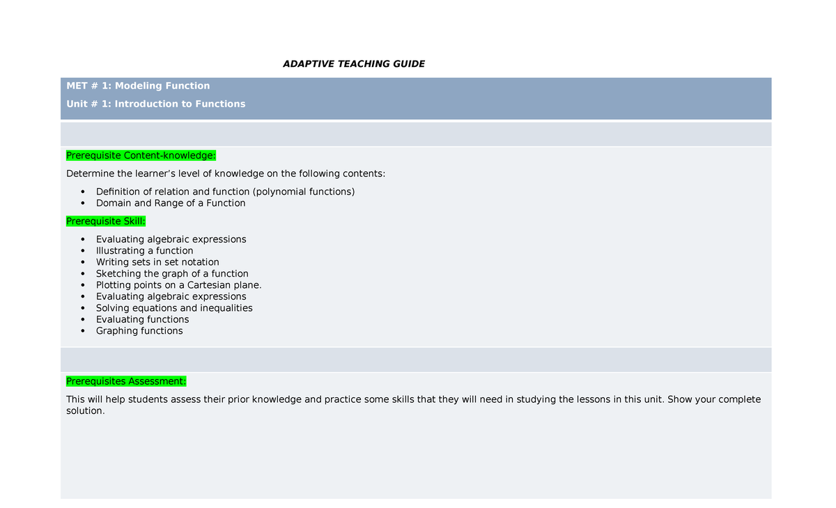 Unit 1 ATG - ATG General Math - ADAPTIVE TEACHING GUIDE MET # 1: Modeling Function Unit # 1 ...