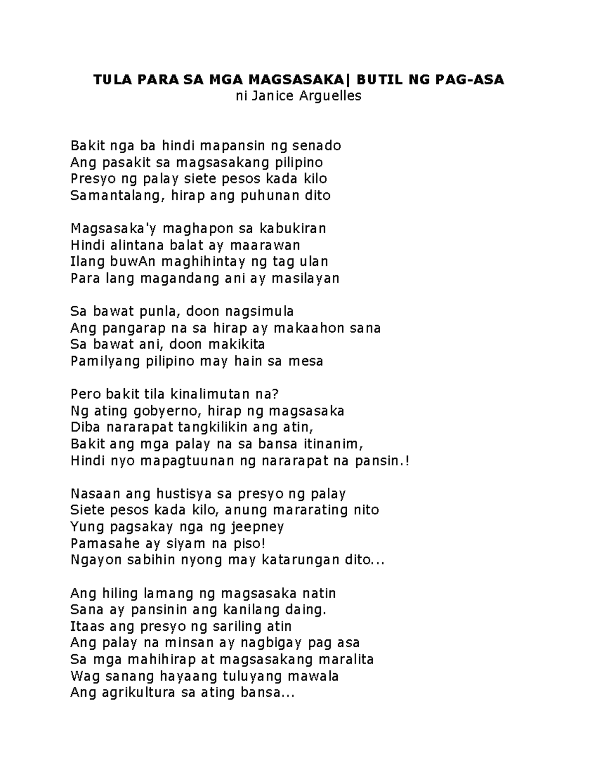 TULA PARA SA MGA Magsasaka - Butil NG PAG-ASA - TULA PARA SA MGA ...