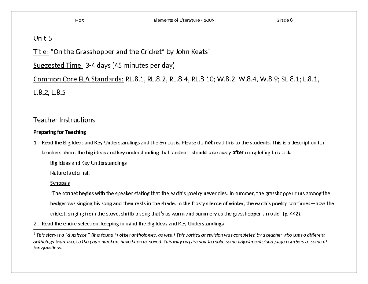 8. On the Grasshopper and the Cricket. lesson - Anthology - Unit 5 ...