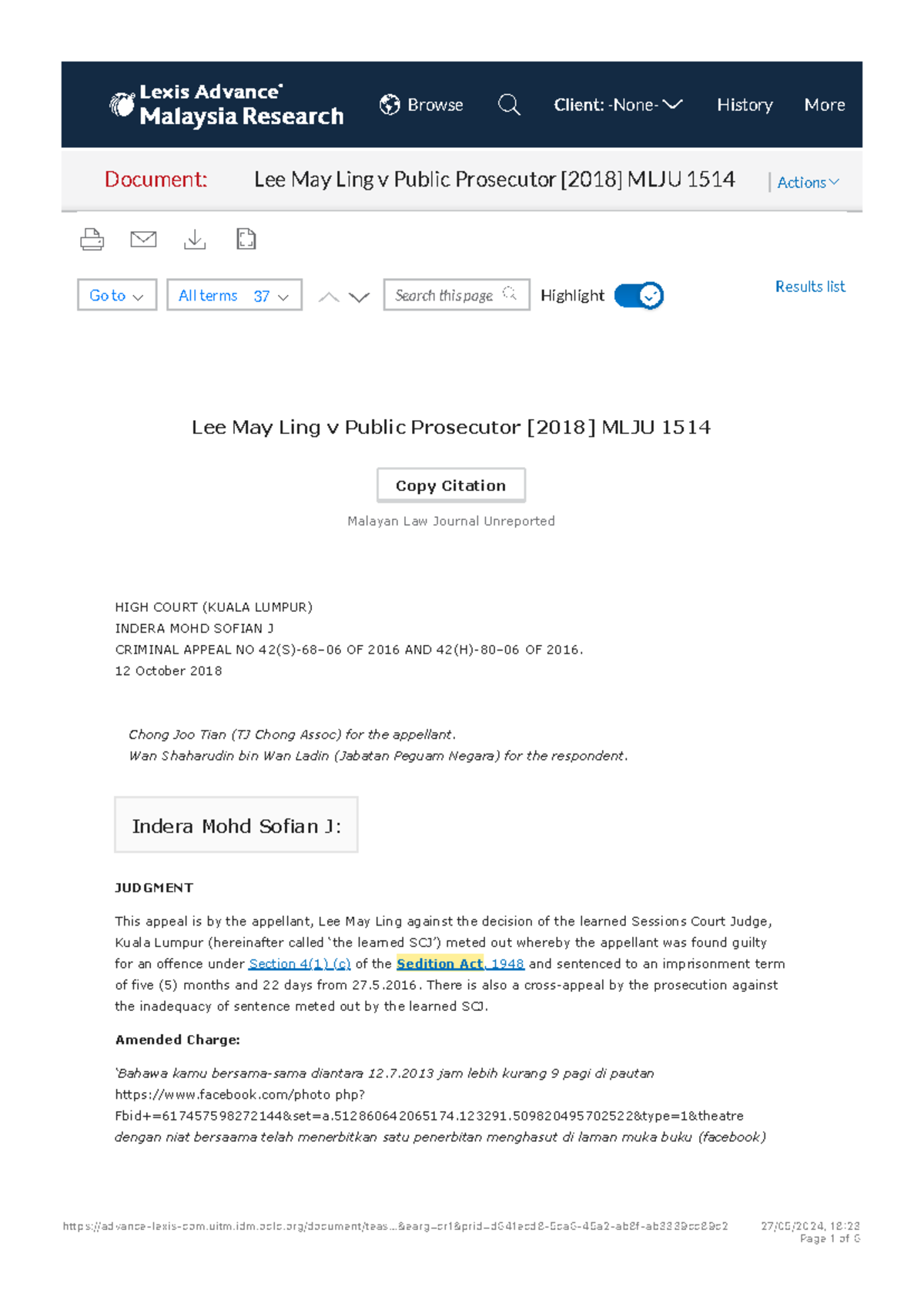 Lee May Ling v Public Prosecutor [2018 ] MLJU 1514 - 12 October 2018 ...