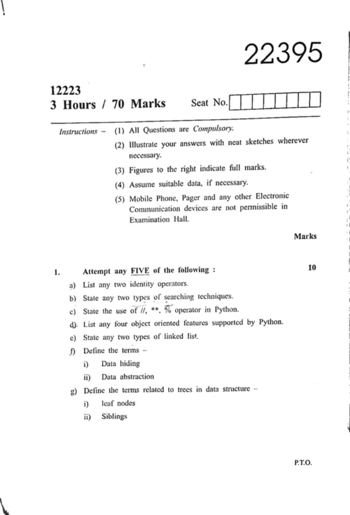 Python Sample Questions Paper - 22395 3 Hours 70 Marks Seat No ...