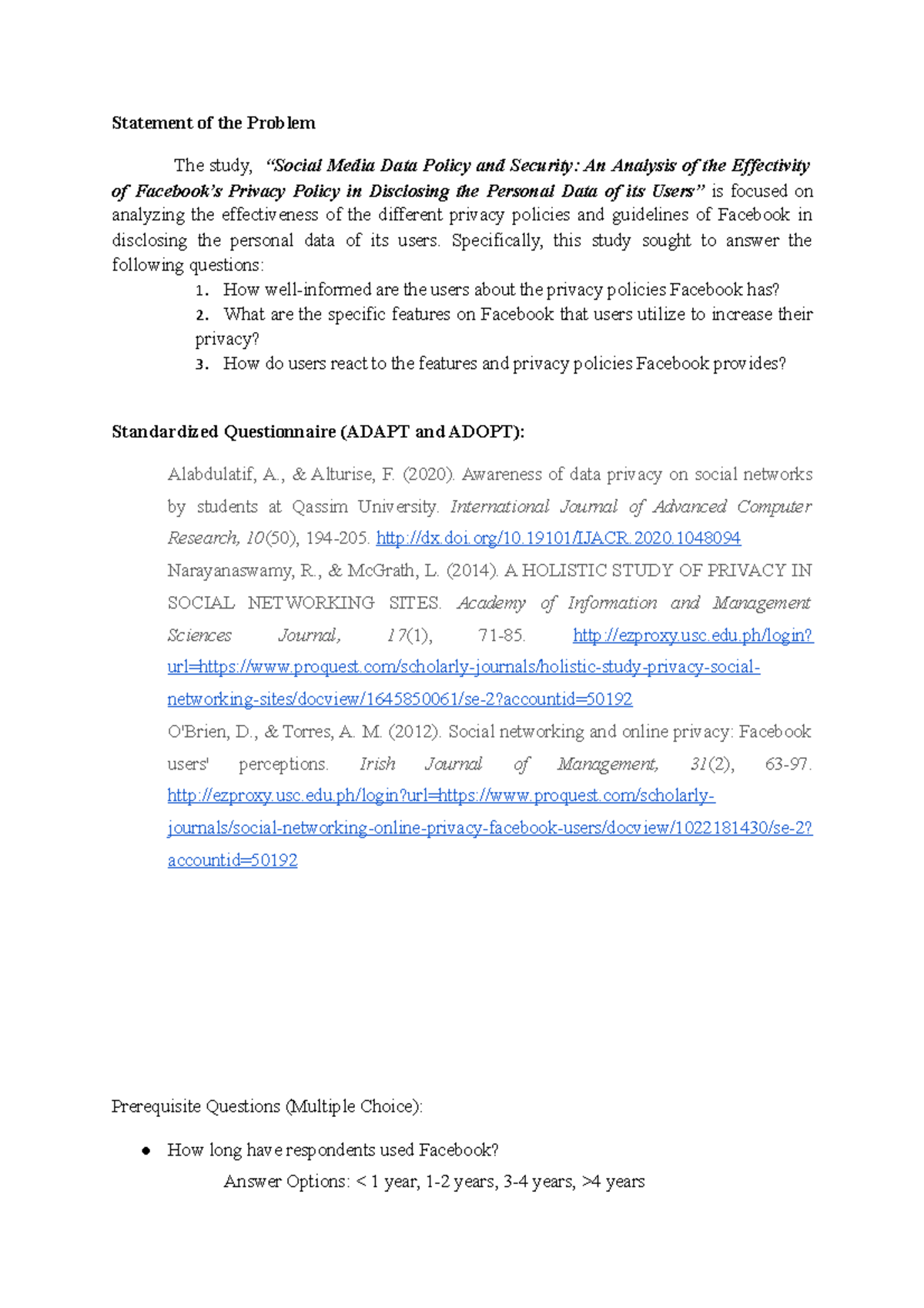 PR Survey Questionnaire - Statement of the Problem The study, “Social ...