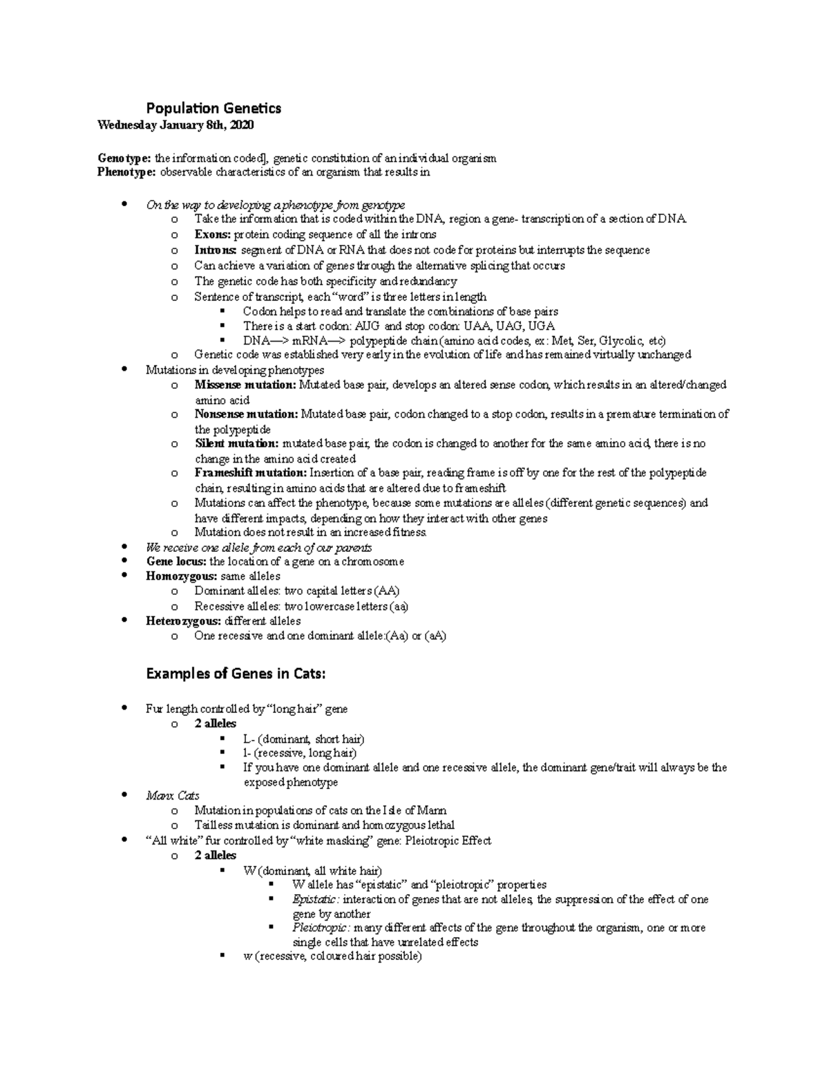 Notes bi111 all - Population Genetics Wednesday January 8th, 2020 ...