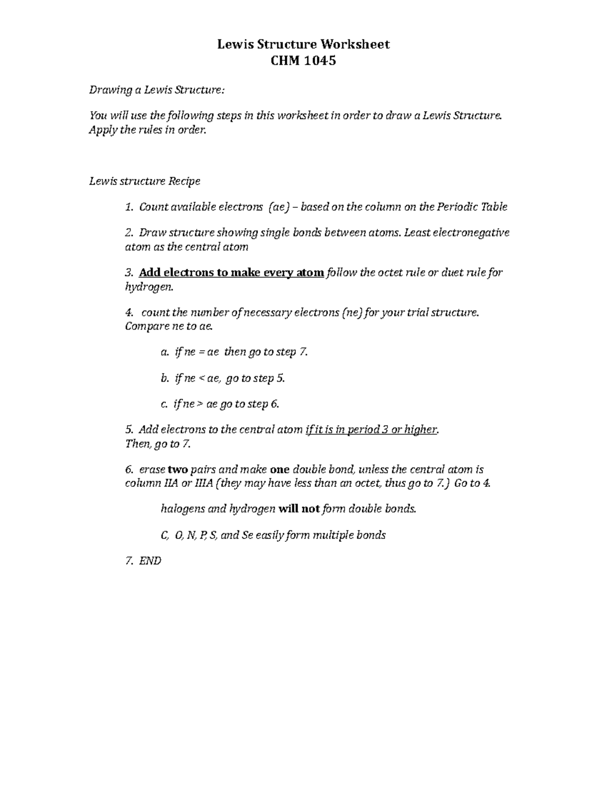 Lewis Structure Assignment CHM 1045 Drawing A Lewis Structure You