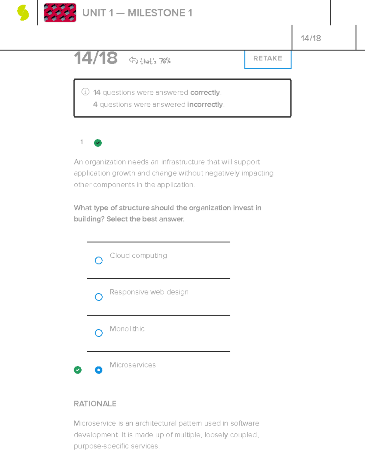 Intro to Web Dev MS1 - 1 14 / 18 that's 78% RETAKE 14 questions were ...