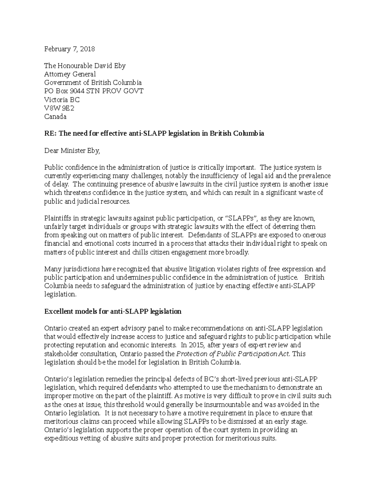 Anti Slapp Letter February 7 003 - February 7, 2018 The Honourable ...