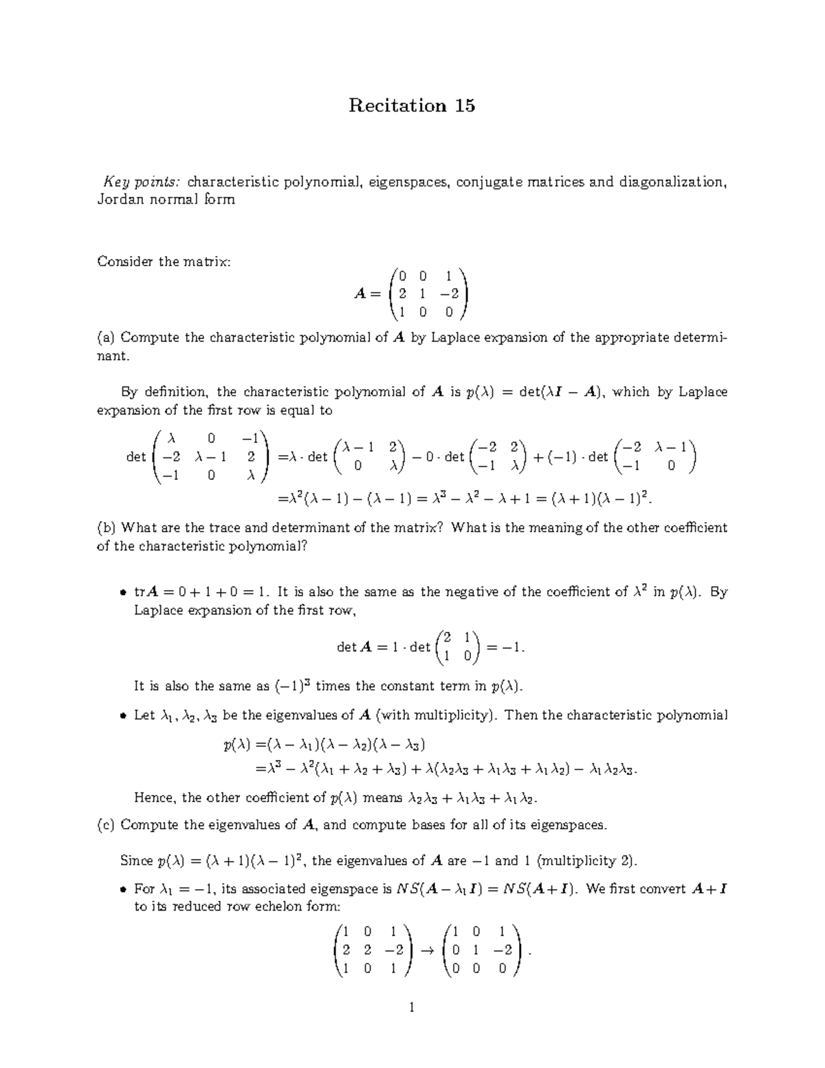 Solution Recitation 15 - October 31 - Recitation 15 Key points: characteristic polynomial, - Studocu