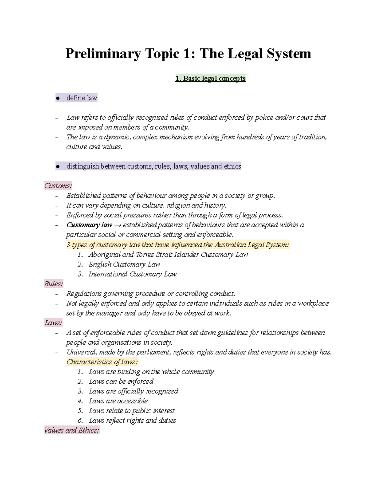 Legal Studies YR 11 NOTES - Preliminary Topic 1: The Legal System Basic ...