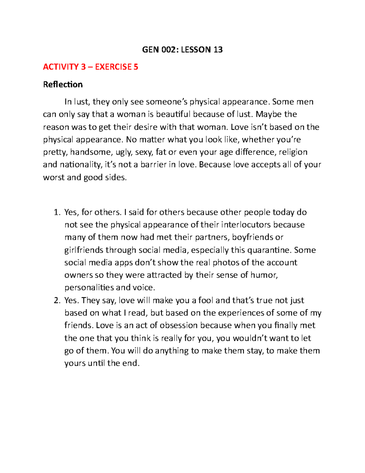 GEN 002 - Lesson 13 - GEN 002: LESSON 13 ACTIVITY 3 – EXERCISE 5 Reflection In lust, they only ...