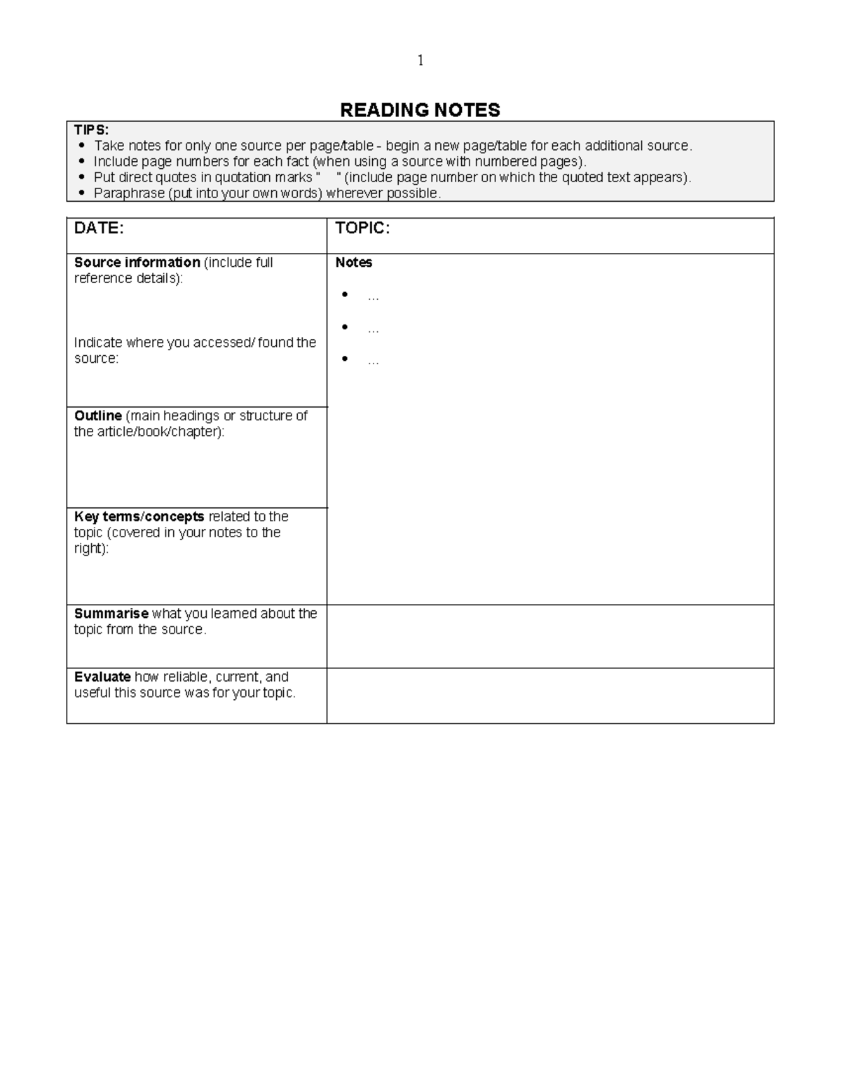 Reading Notes Template - 1 READING NOTES TIPS: Take notes for only one ...
