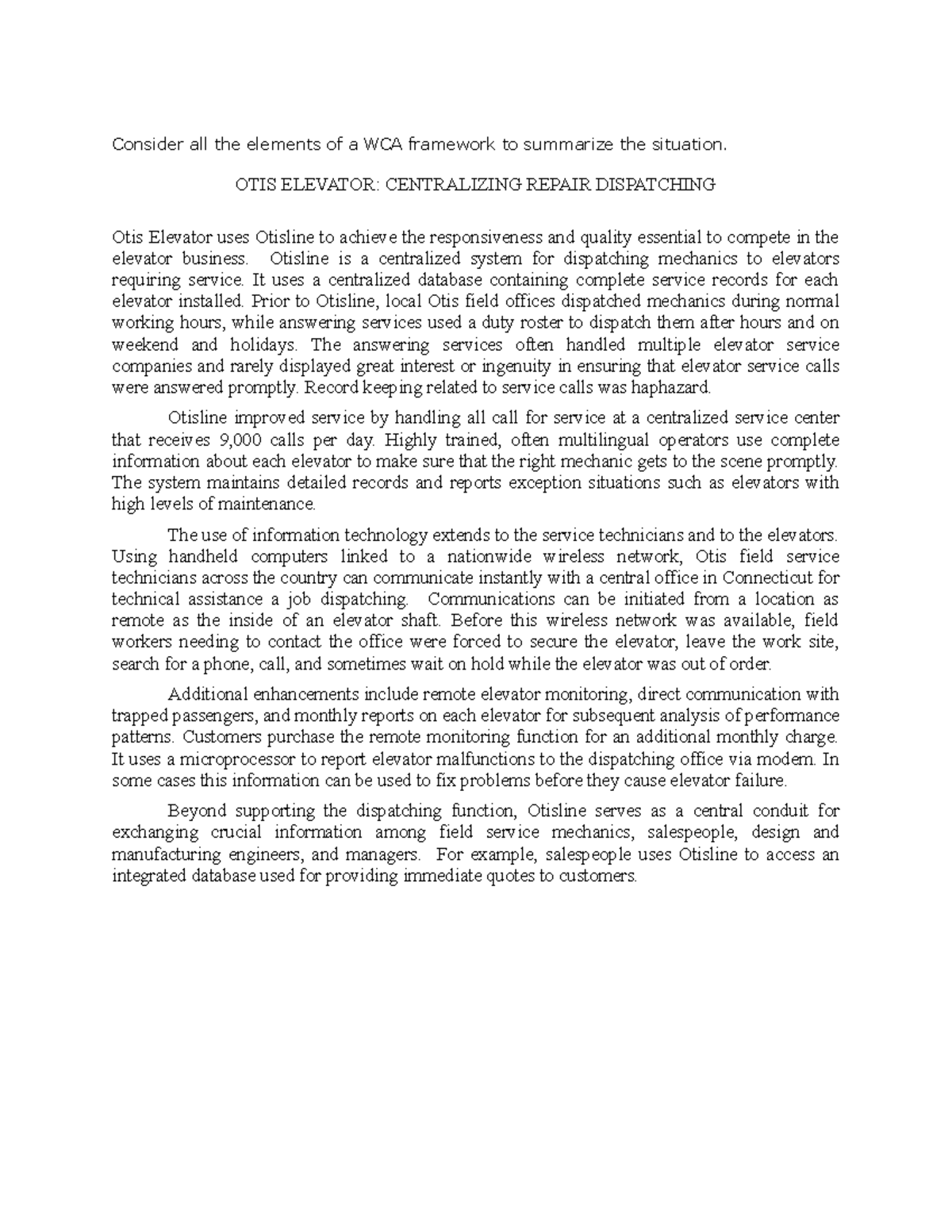 WCA Exercises 12345 - Consider all the elements of a WCA framework to ...