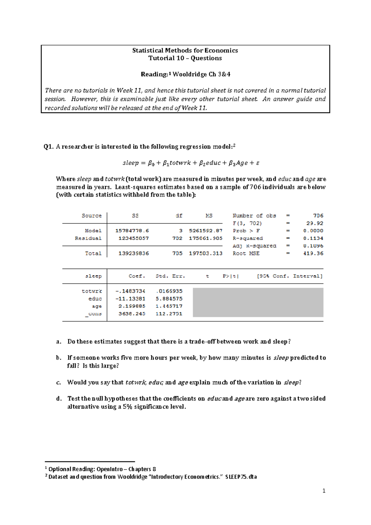 Tutorial 10 - Questions - Statistical Methods for Economics Tutorial 10 ...
