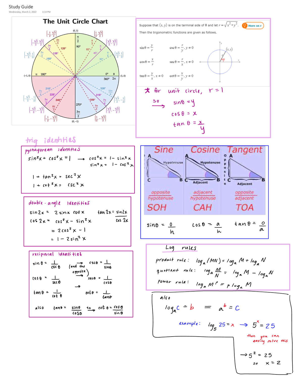 Study Guide Trigonometry - 44000 - Study Guide Wednesday, March 2, 2022 ...