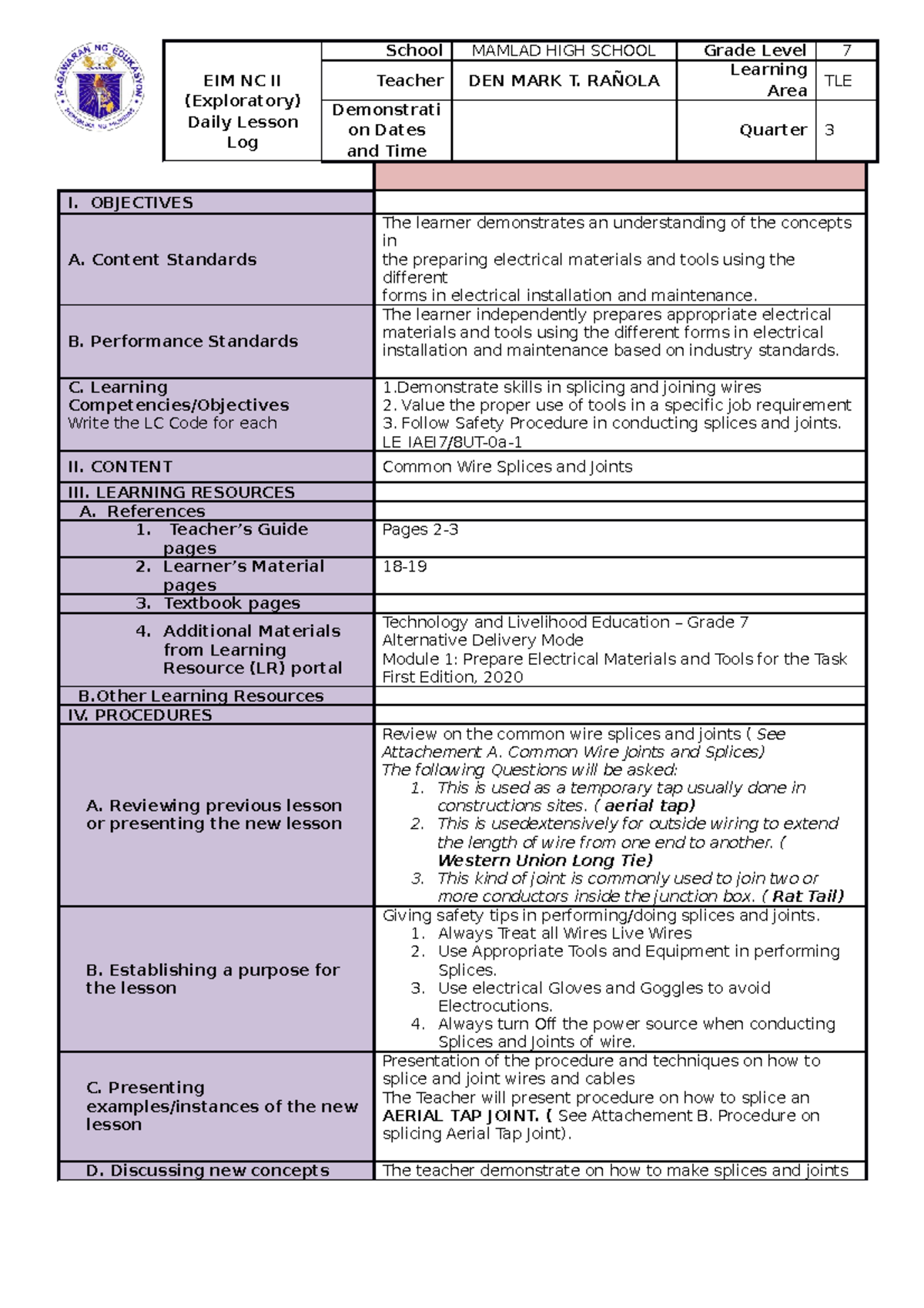 DLP- demo ( EIM 7) LAC session - I. OBJECTIVES A. Content Standards The ...