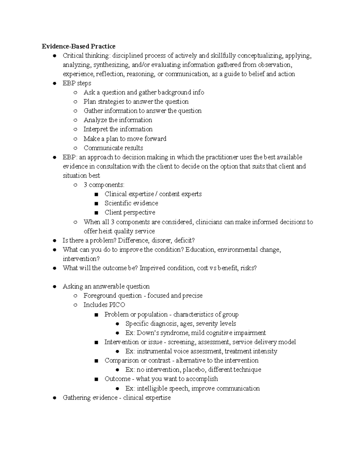 SLPA 874 Unit 1 Notes - Evidence-Based Practice Critical thinking ...
