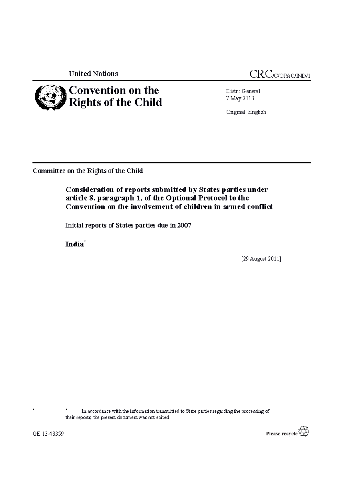 CRC OPAC C IND 1 3280 E - United Nations CRC/C/OPAC/IND/ Convention on ...