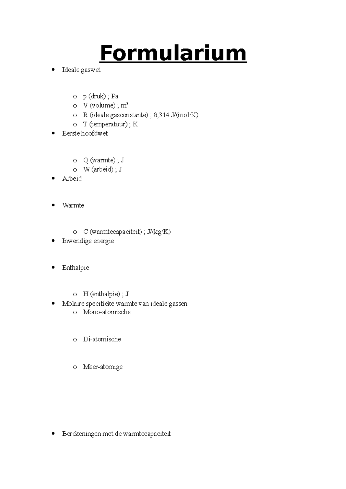 Formularium (1) - Formularium Ideale gaswet o p (druk) ; Pa o V (volume ...