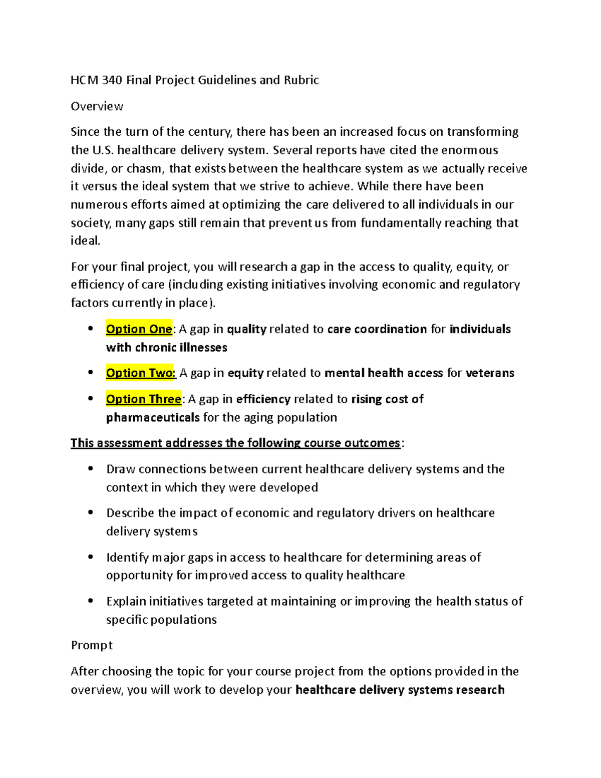 HCM 340 Final Project Guidelines and Rubric - healthcare delivery ...