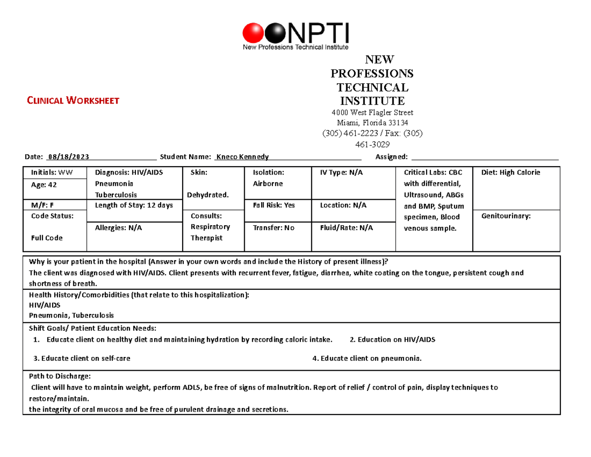 Care Plan HIV - Basic Care Plan - CLINICAL WORKSHEET NEW PROFESSIONS ...
