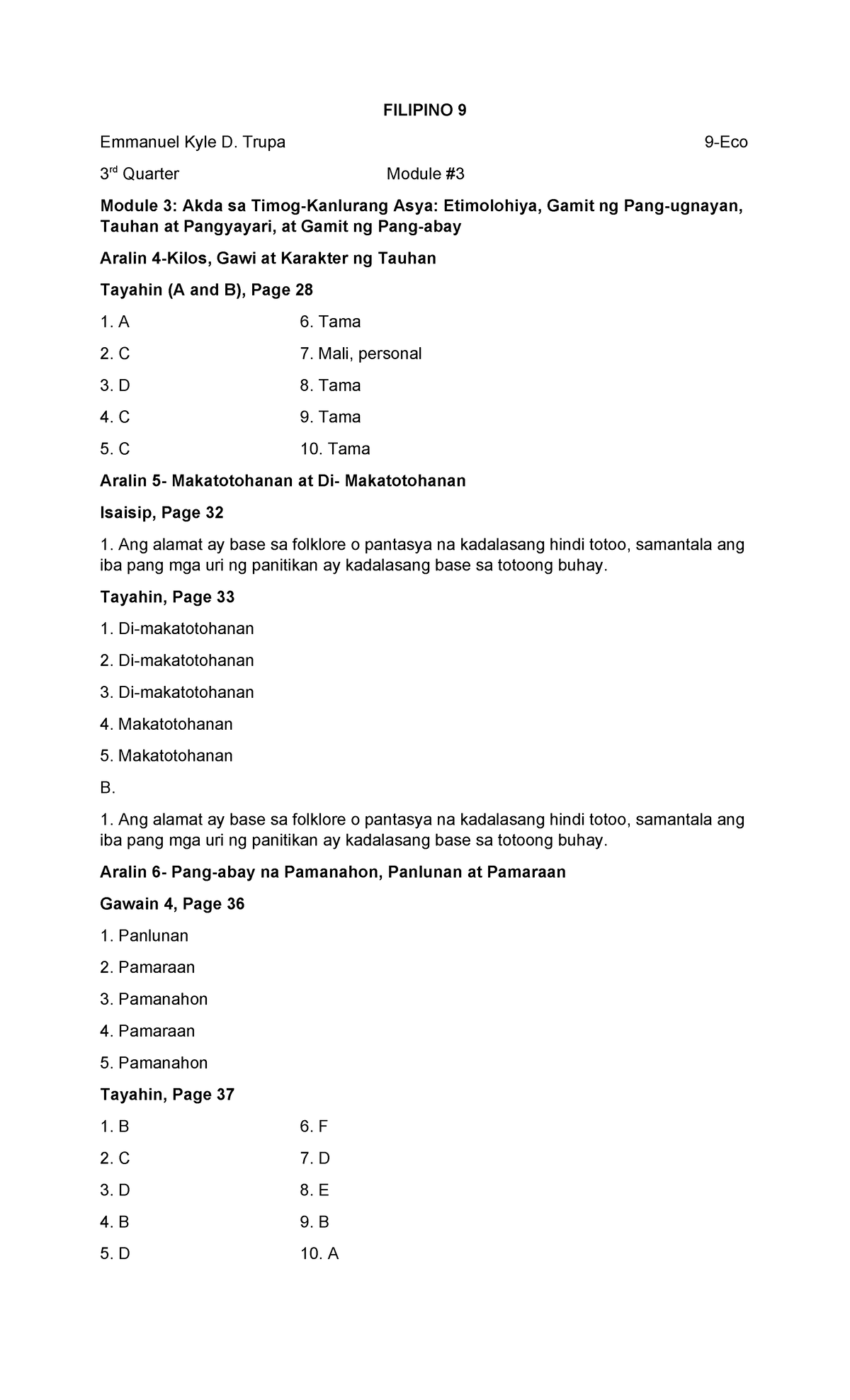Filipino 9 q3 w3-4 - FILIPINO 9 Emmanuel Kyle D. Trupa 9-Eco 3 rd ...
