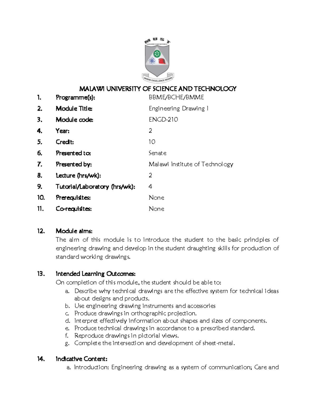 MUST Module ENGD 210 - Engineering drawing course outline - MALAWI UNIVERSITY OF SCIENCE AND ...