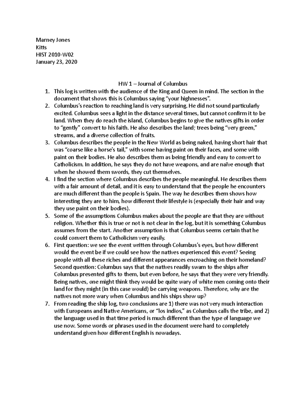 HIST 2010 homework 1 - Marney Jones Kitts HIST 2010-W January 23, 2020 ...