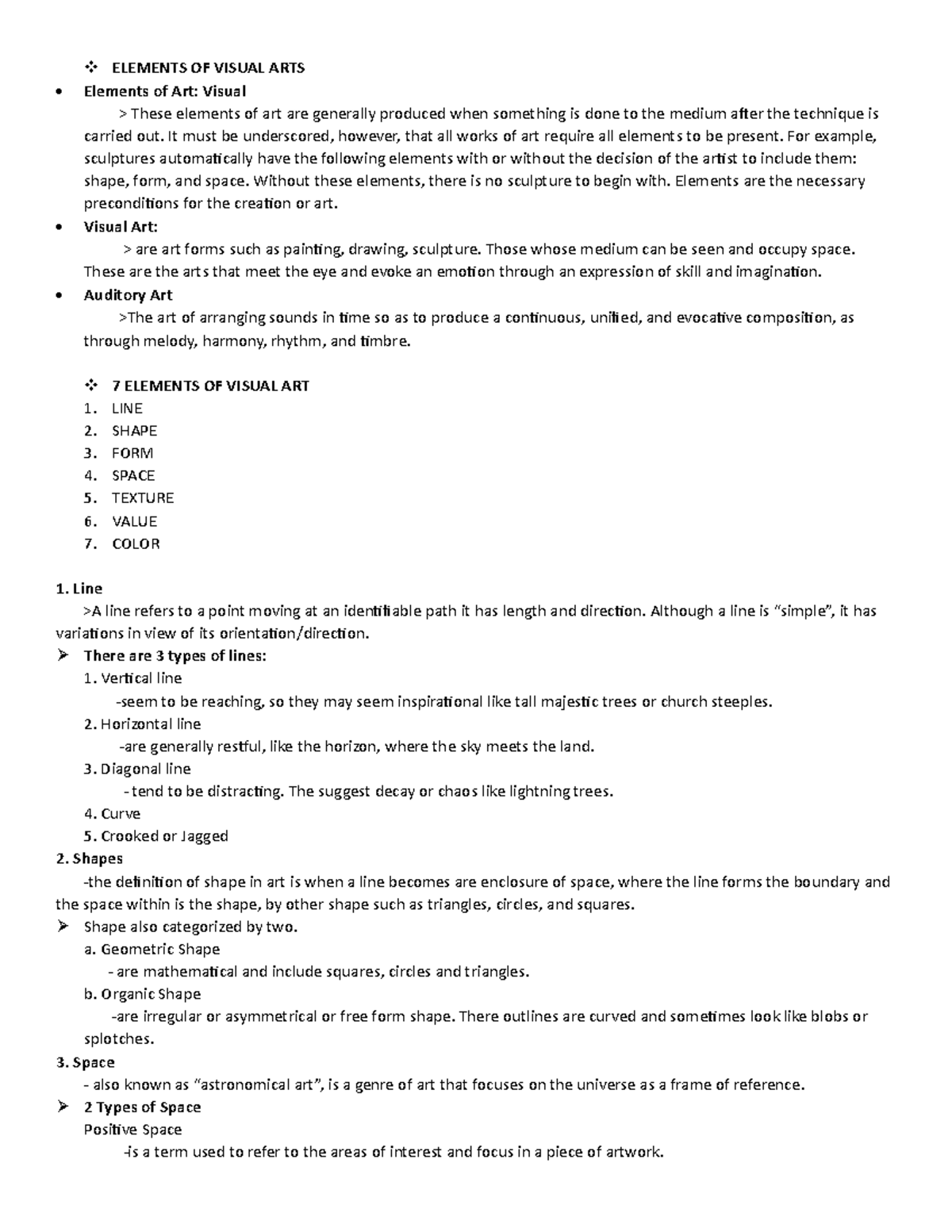Art Appreciation - ELEMENTS OF VISUAL ARTS Elements of Art: Visual ...