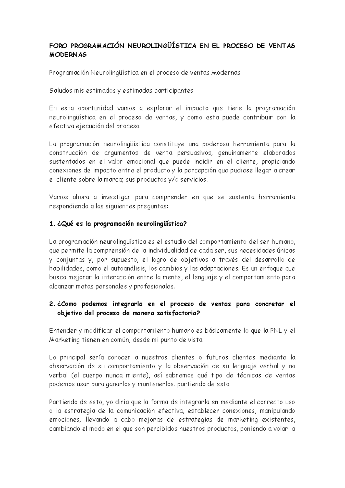 FORO Programación Neurolingüística EN EL Proceso DE Ventas Modernas ...