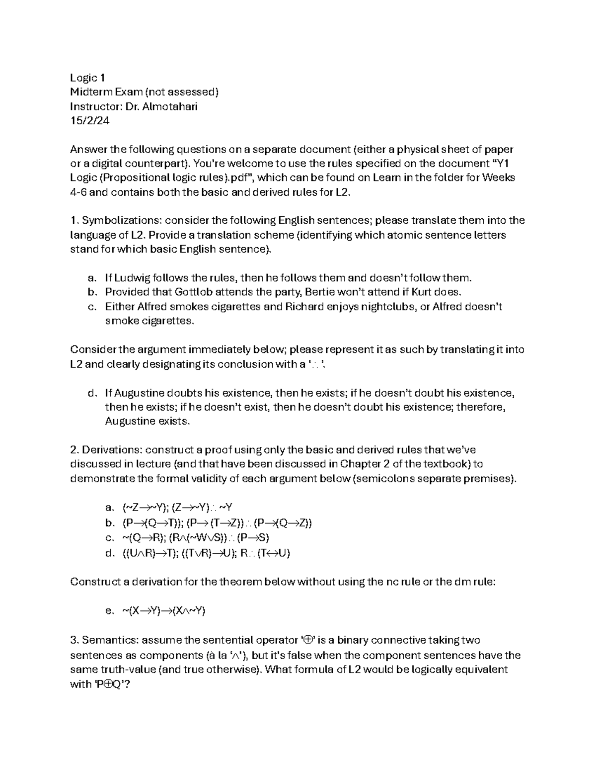 Logic I - Midterm Exam - Logic 1 Midterm Exam (not assessed) Instructor ...