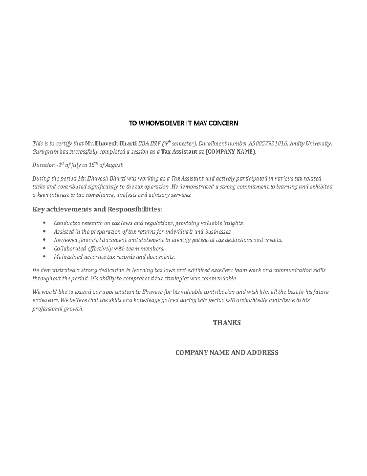 Bhavesh SIP Ceritificate - TO WHOMSOEVER IT MAY CONCERN This is to ...