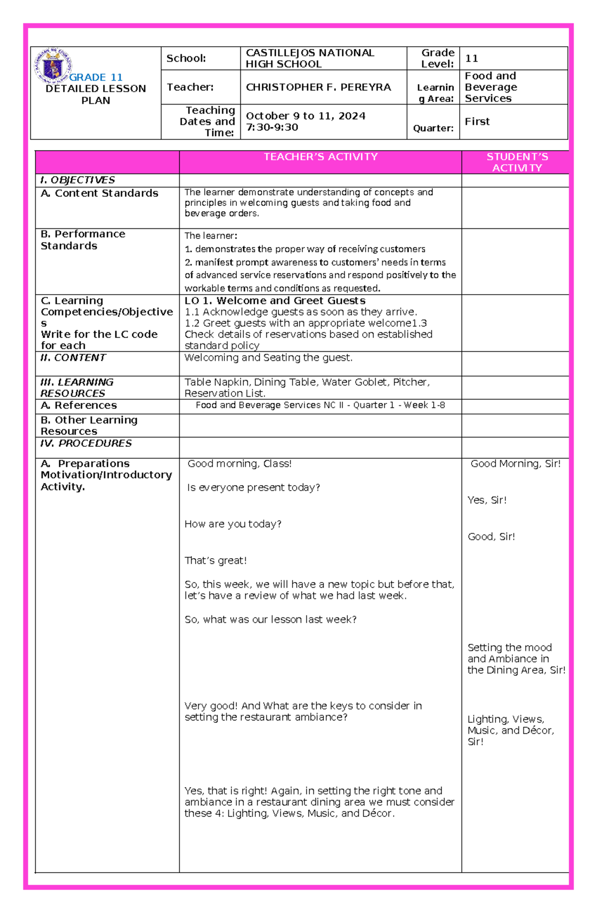 DLP-COT-FBS-welcoming and seating - GRADE 11 DETAILED LESSON PLAN ...