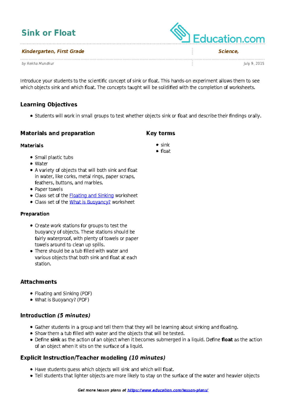 Sink-or-float Lesson plan - Get more lesson plans at education/lesson ...