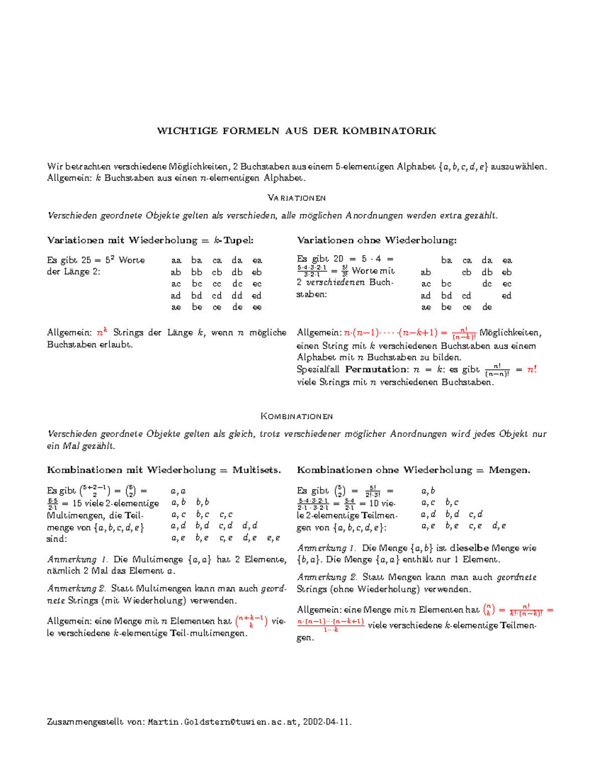 Mathe 1-kombi - Kombinatorische Formeln - WICHTIGE FORMELN AUS DER ...