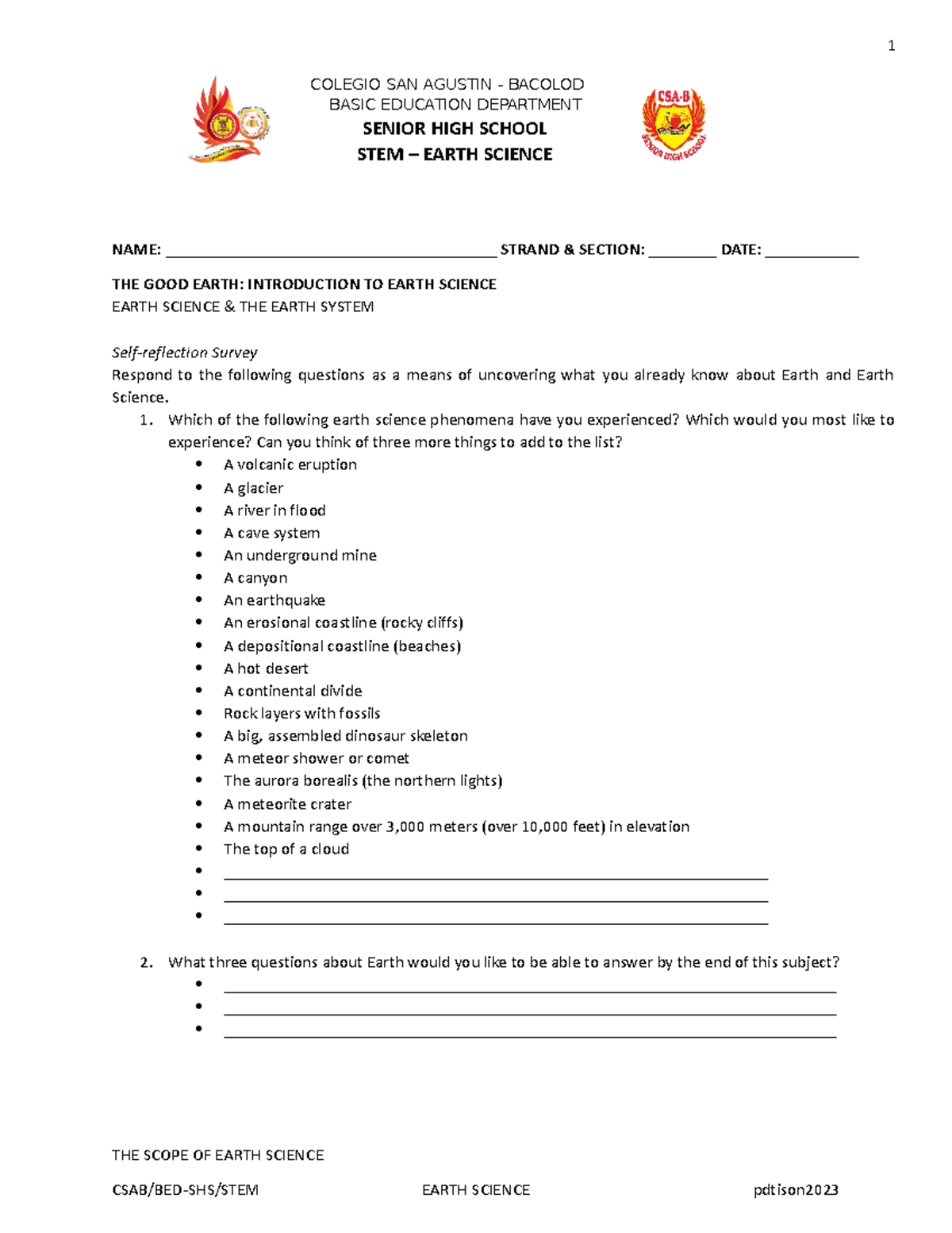 SHS - Earth Science - THE GOOD Earth 2022 - COLEGIO SAN AGUSTIN ...