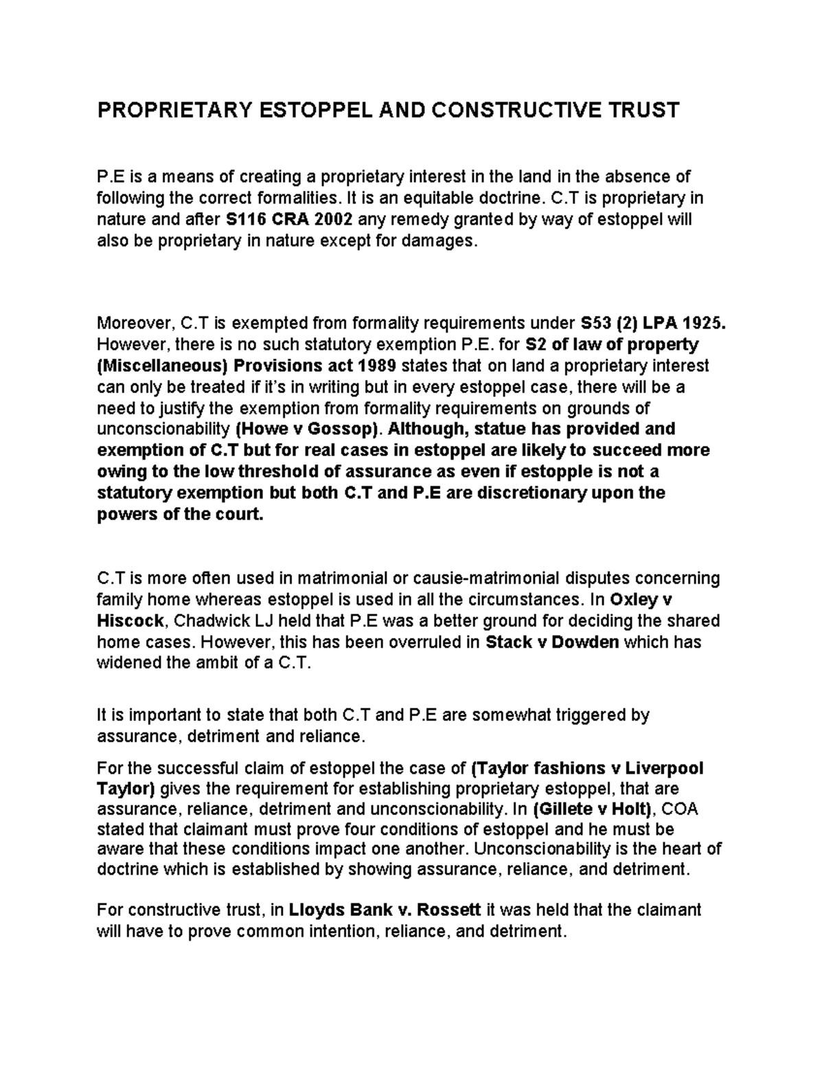 Constructive Trust Class Essay - PROPRIETARY ESTOPPEL AND CONSTRUCTIVE ...