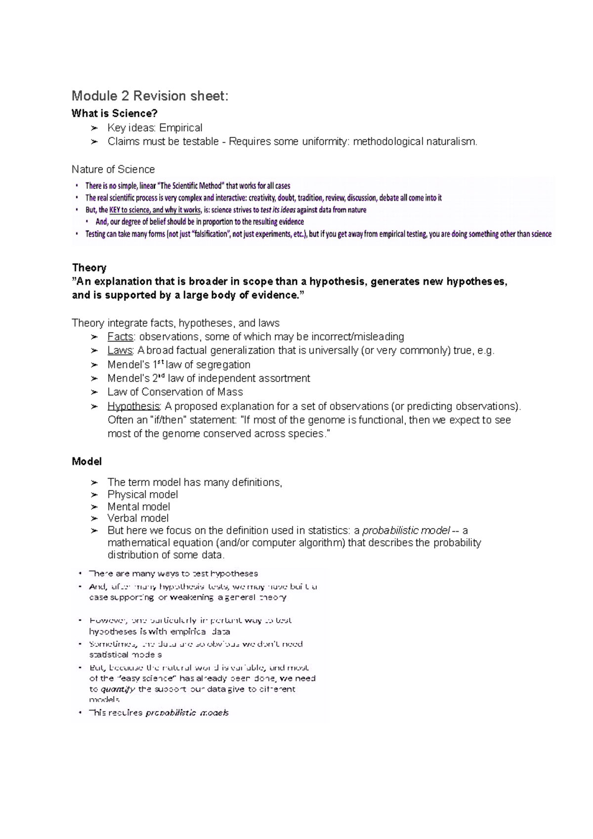 Biosci 220 - Module 2 Revision - Module 2 Revision sheet: What is Science? Key ideas: Empirical ...
