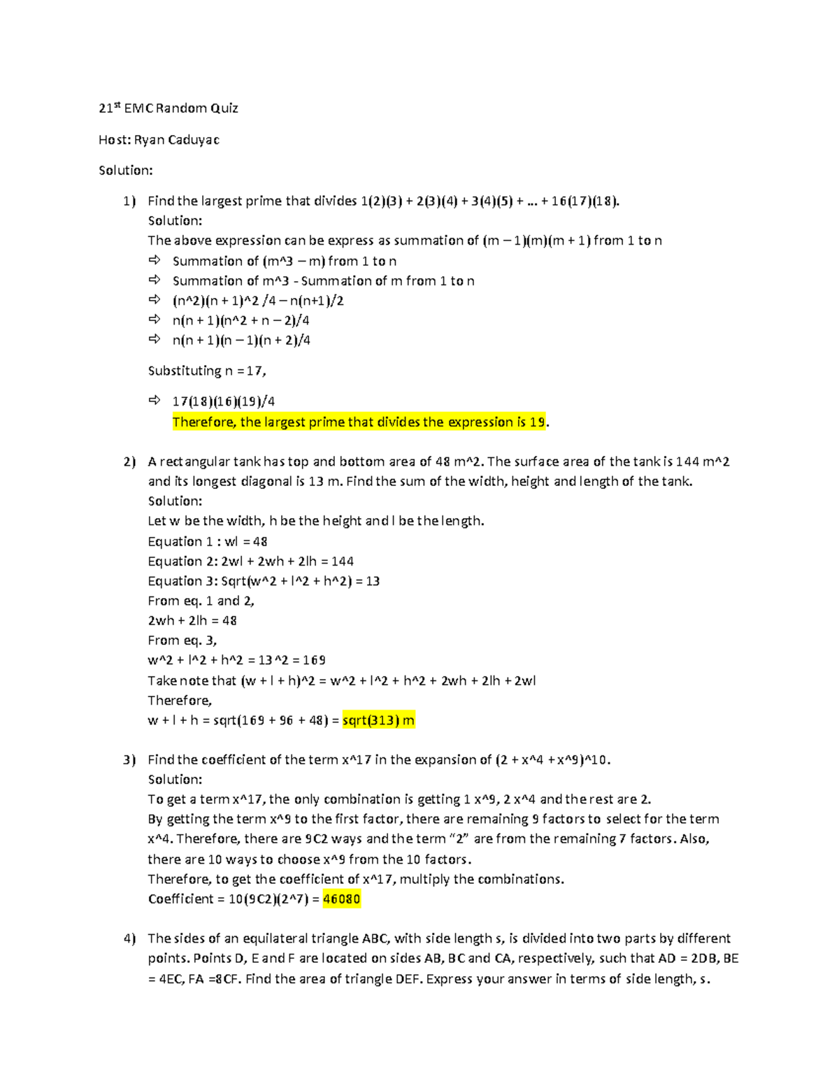 21st EMC Random Quiz Problem and Solution Set 1 - 21 st EMC Random Quiz Host: Ryan Caduyac ...