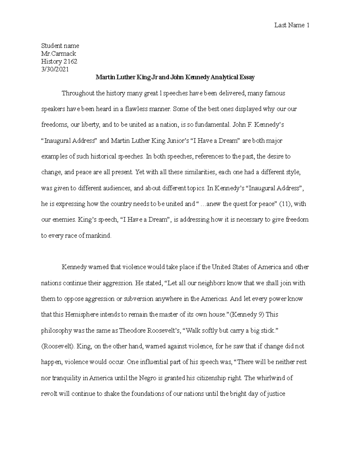 Martin Luther King Jr and John Kennedy Analytical Essay - Studocu