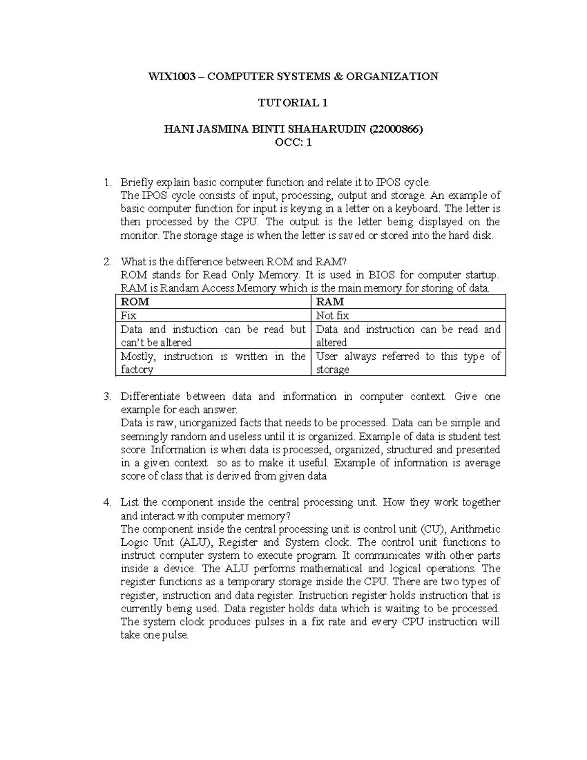 Tutorial 1 - Tuto 1 - WIX1003 – COMPUTER SYSTEMS & ORGANIZATION ...