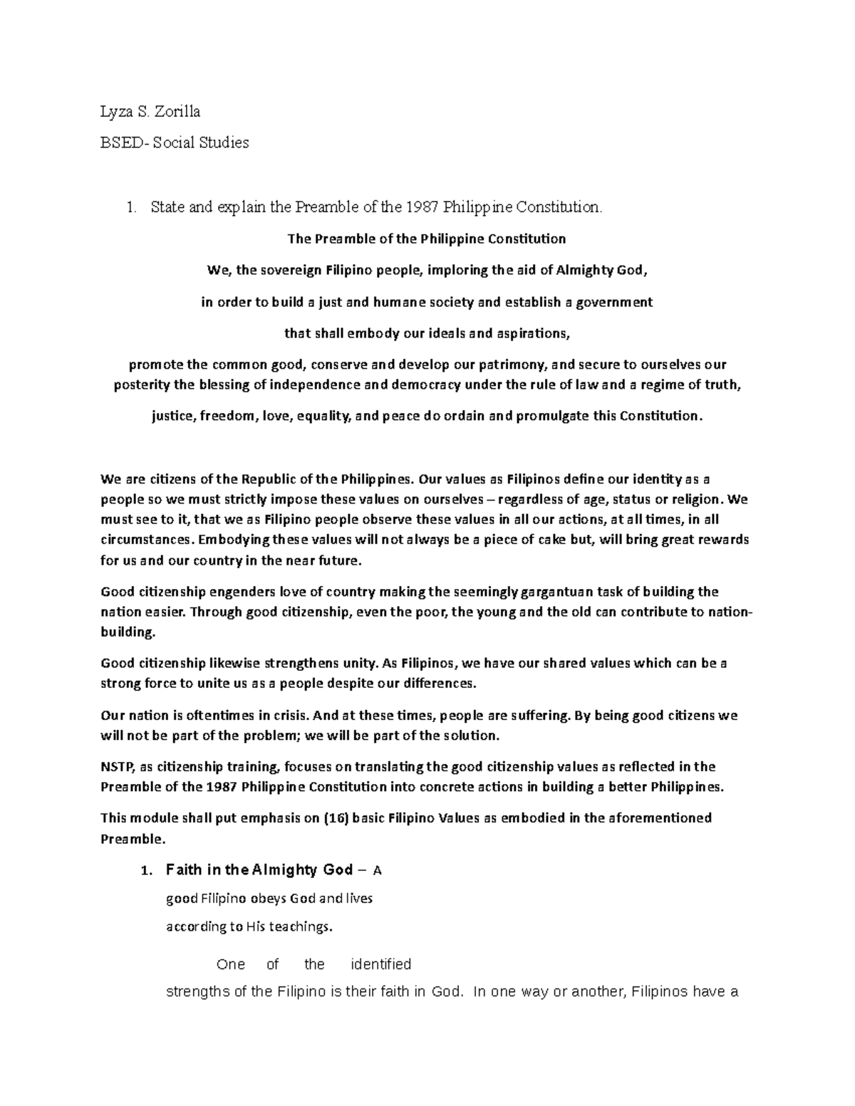 NSTP- Zorilla - report - Lyza S. Zorilla BSED- Social Studies 1. State ...