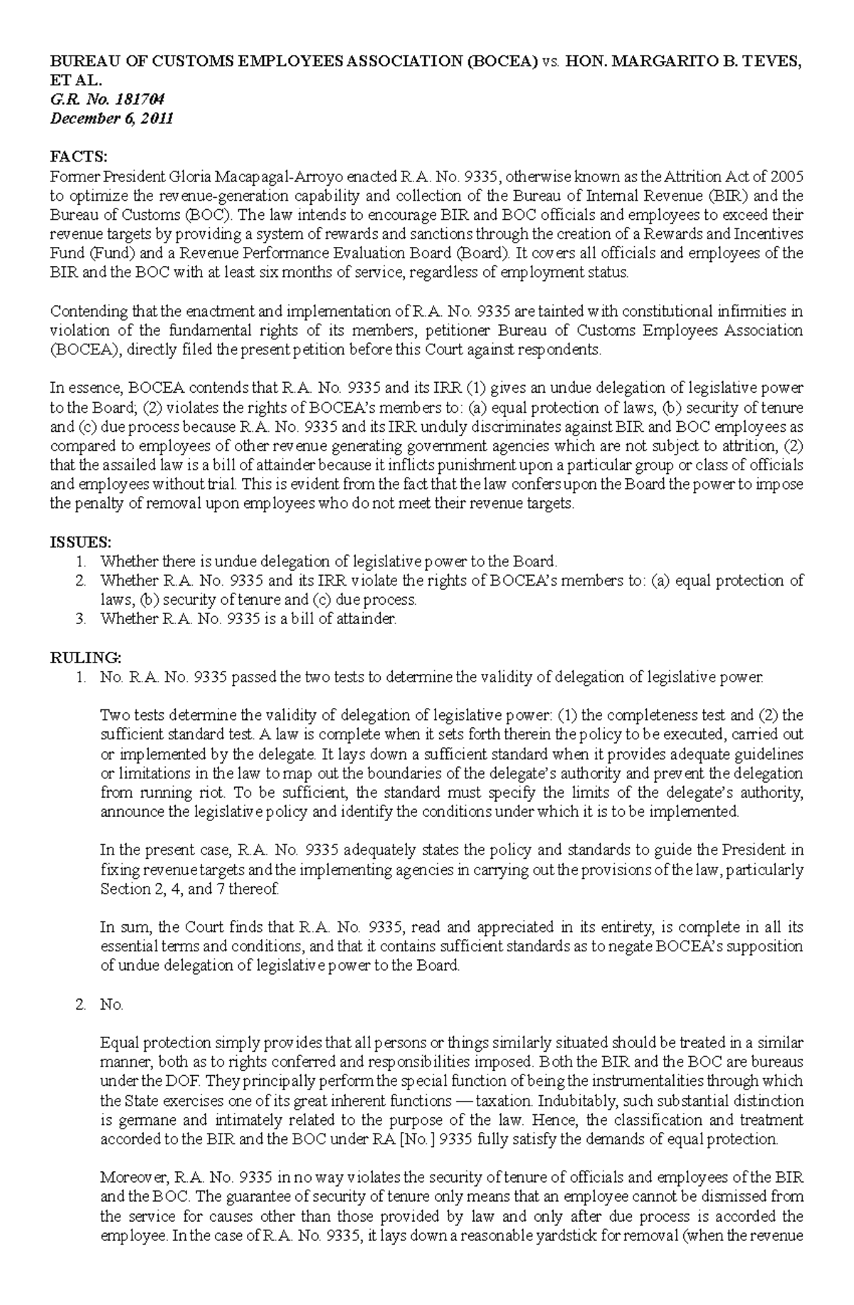 CASE DIGEST SIS - BUREAU OF CUSTOMS EMPLOYEES ASSOCIATION (BOCEA) vs ...