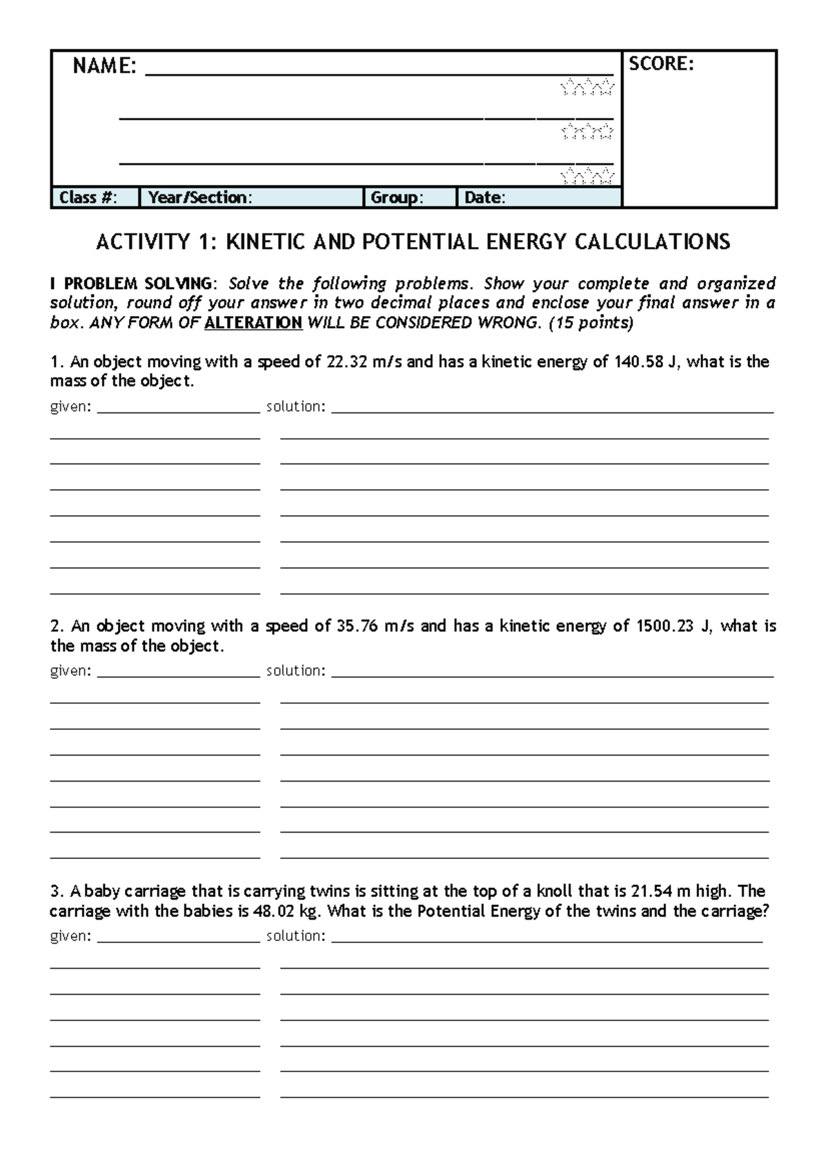 Rinhs science 8 1st activity ke and pe problem solving - NAME