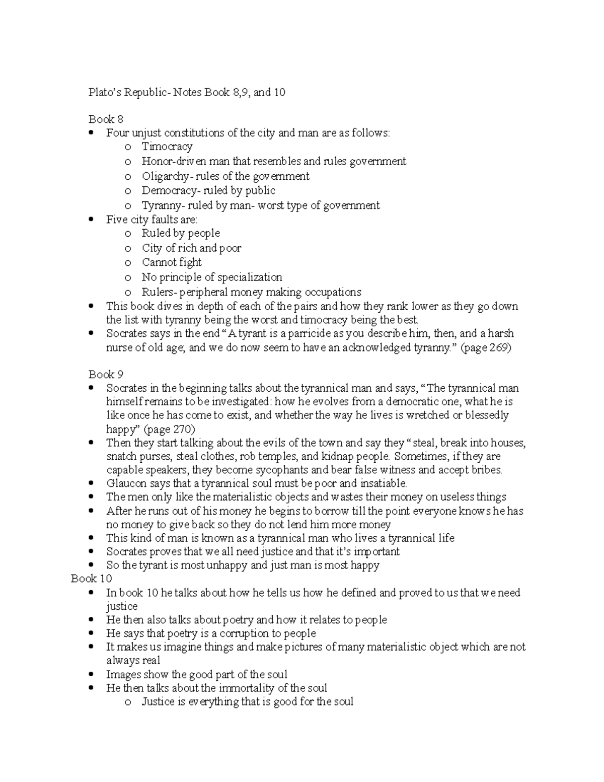 Platos 8,9,10 Notes - Plato’s Republic- Notes Book 8,9, and 10 Book 8 ...