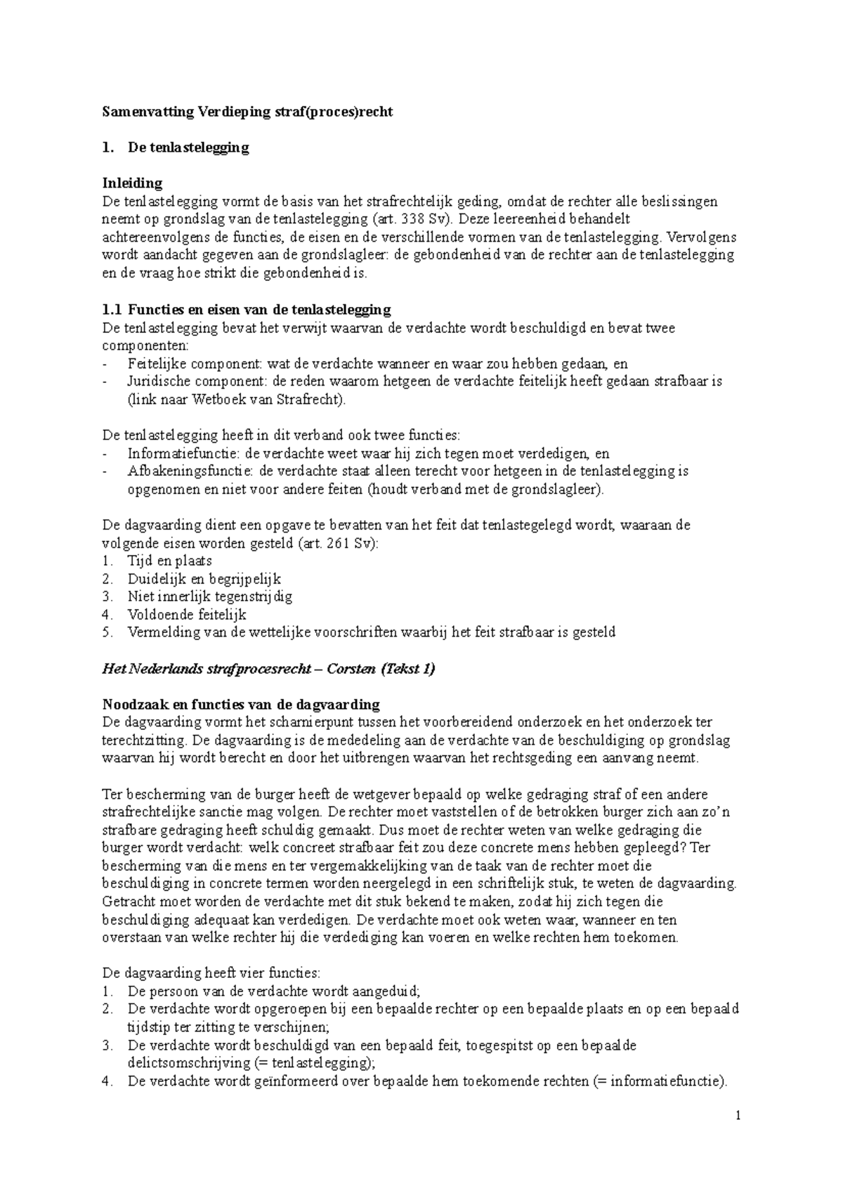 0. Samenvatting Verdieping straf(proces)recht - De tenlastelegging ...