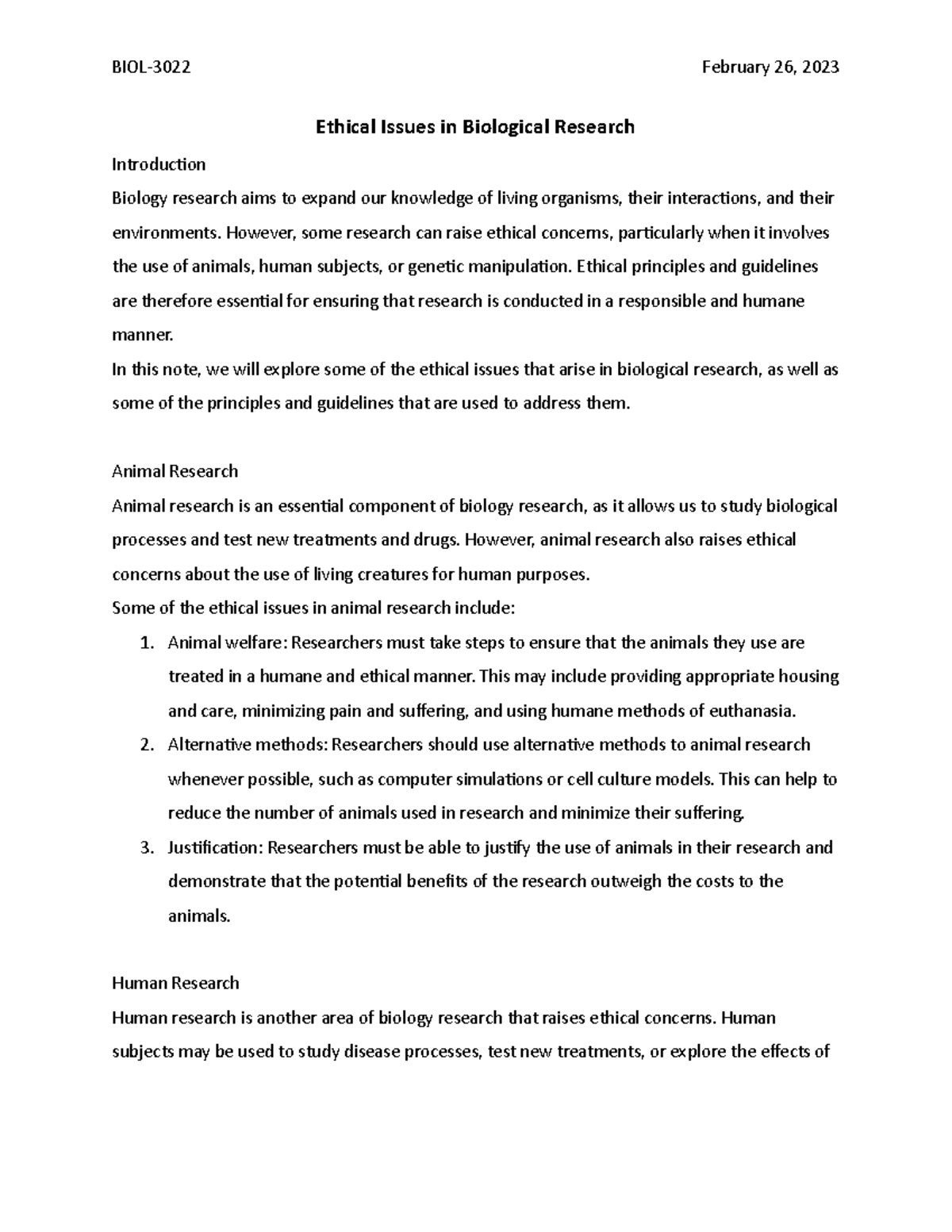 Ethical Issues in Biological Research - BIOL-3022 February 26, 2023 ...